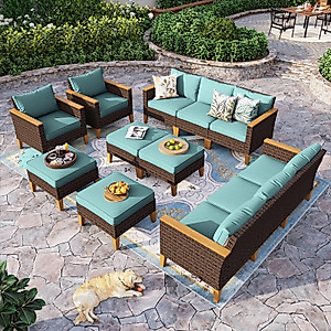 Sophia & William Patio Furniture Set 12 Piece Outdoor Wicker Furniture Sectional Sofa, Extra Large Patio Rattan Conversation Set with Ottoman for Backyard, Deck, Pool(Aqua Blue)