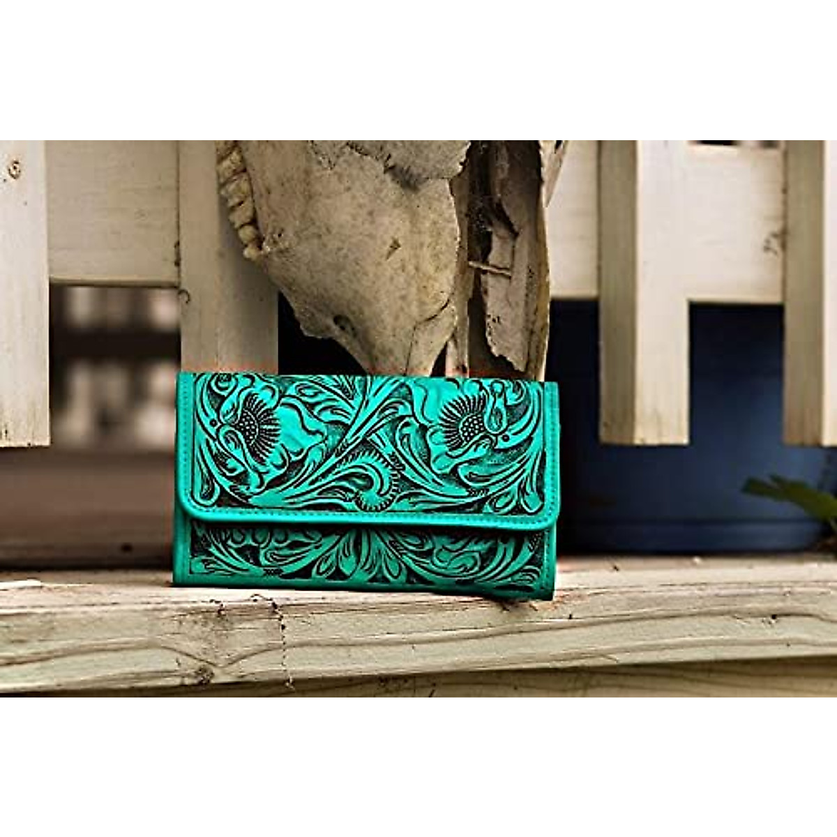 Virginia Handbags Handmade Womens Wallet. Rich and Deep Hand Tooling. (Turquoise)
