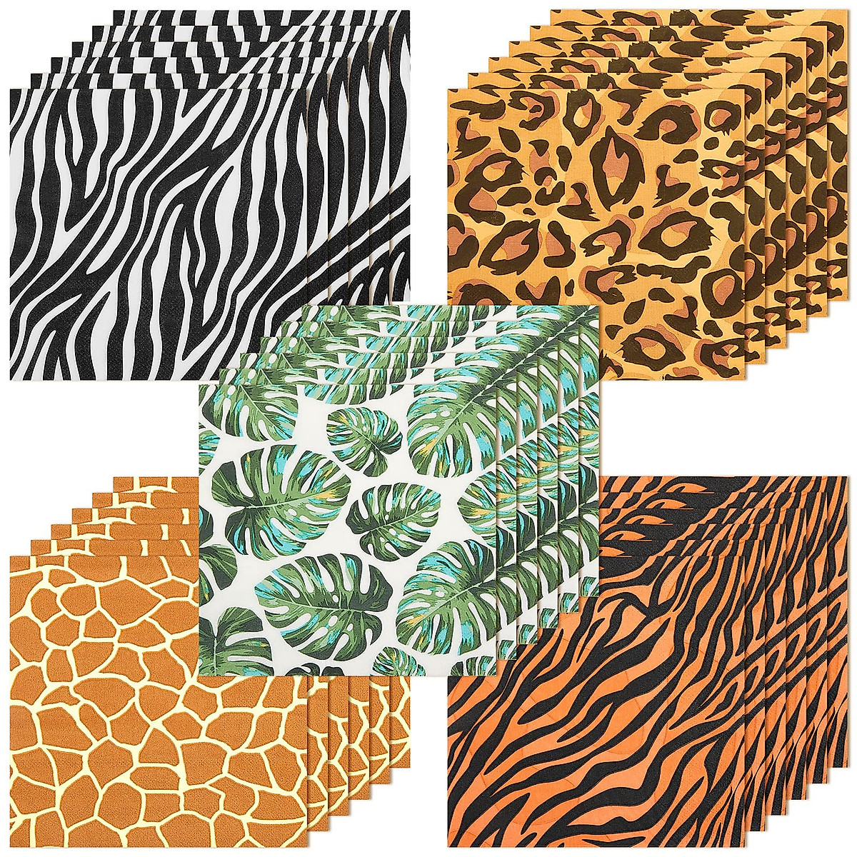 100 PIECES Jungle Safari Animal Print Party Disposable Napkins Animal Print Paper Napkins Safari Napkins Jungle Safari Themed Party Napkins for Baby Shower Party Birthday Party, 5 Styles