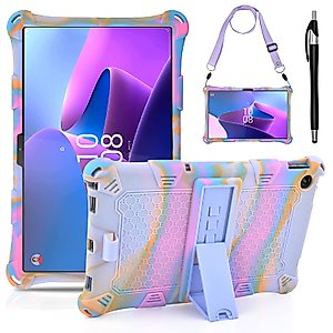 DETUOSI Silicone Case for Lenovo Tab M10 Plus 10.6 inch 2022 3rd Gen (TB-125F/TB-128F), Slim Lightweight Folding Stand Cover, Soft Protective Cover with Strap & Stylus Pen, Dazzle Rose Red & Purple