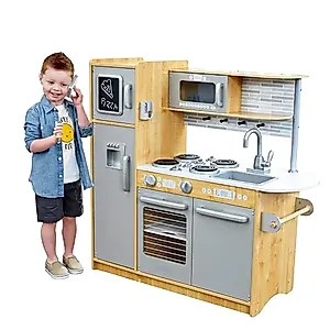 KidKraft Uptown Natural Wooden Play Kitchen with Play Phone, Chalkboard & Towel Rack, Gift for Ages 3+