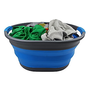 SAMMART 32L (8.4 Gallon) Collapsible Plastic Laundry Basket - Foldable Pop Up Storage Container/Organizer - Portable Washing Tub - Space Saving Hamper/Basket, Water Capacity: 24L (1, Grey/Blue)