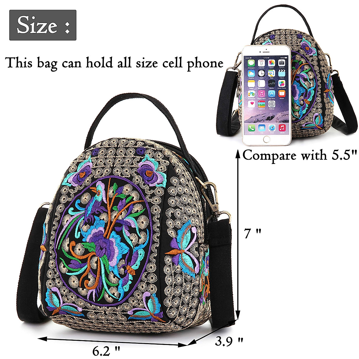 Goodhan Embroidery Crossbody Bag, Cell Phone Purse Canvas Small Handbag