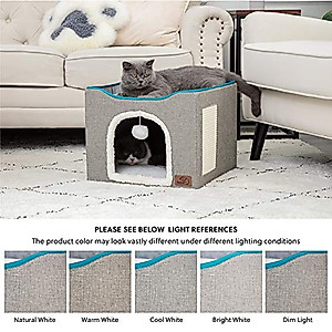 Bedsure Cat Beds for Indoor - Large Cat Cave for Pet House with Fluffy Ball Hanging and Scratch Pad, Foldable Hideaway,16.5x16.5x14 inches, Grey