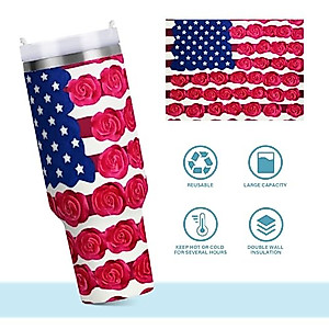 ODAWA Large Red Roses American Flag Insulated Tumblers with Handle and Straw Lid, 2 in 1 Lid Insulated Stainless Steel Tumblers