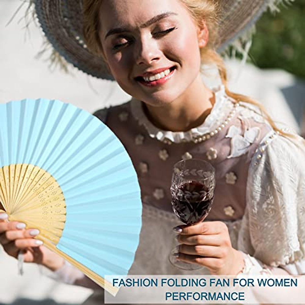 Roowest 50 Pack Handmade Paper Folding Fans with Gift Bags Thank You Card, Bamboo Handheld Folded Fan for Home DIY Office Decor Wedding Party Baby Shower Party Gift Accessories (Blue)