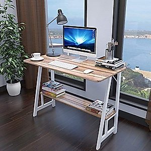 Desktop Computer Desk with Storage Rack, Home Office Study Writing Table Computer Gaming Table Bedroom Laptop Study Table, Student Workstation Study Reading Writing Desk PC Laptop Table (Brown)