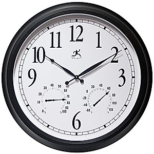 Infinity Instruments 24 inch Classic Humidity Round Wall Outdoor Indoor Thermometer Clock Hygrometer | for Patio, Pool, Garage, Large, Black/White