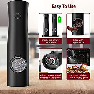TLCCV Electric Salt and Pepper Grinder Set Rechargeable Automatic Black Salt & Pepper Mill 2 Pcs with Charging Base, Type-C USB Cables, LED Lights, Adjustable Coarseness, One Hand Operation