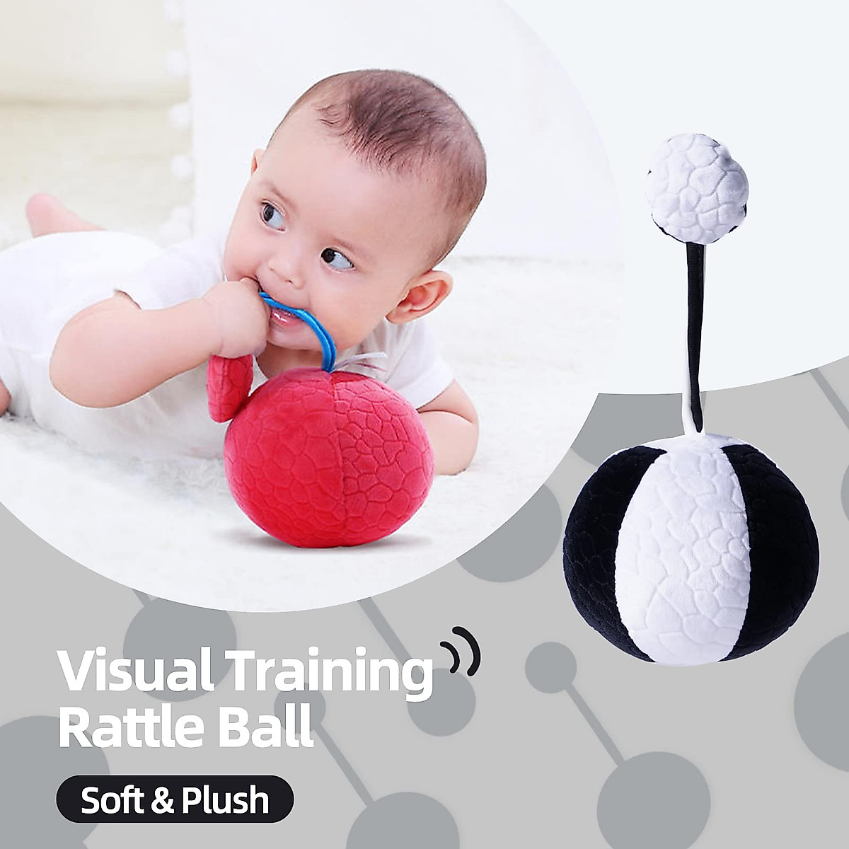 Jollybaby Soft Plush Stuffed Black and White Oball with Rattle Toys for Infant Baby 0-3-6 Months, High Contrast Sensory Rattles Teething Ball Toys for Baby, Newborn Boy Girls Shower Gifts