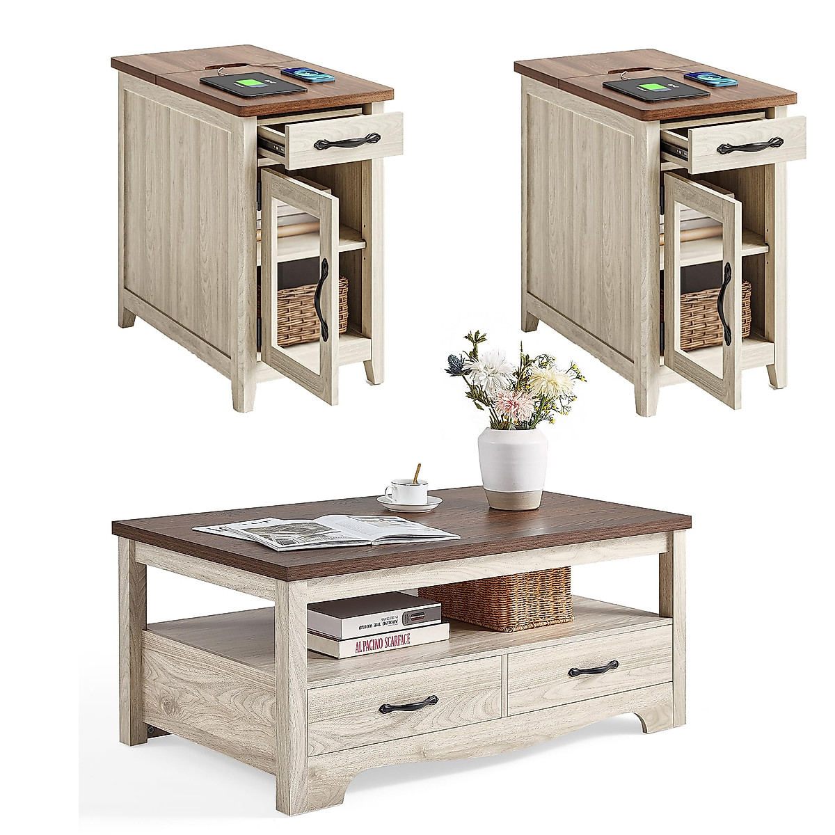 LINSY HOME Farmhouse Coffee Table Sets 3 Pieces, Wood Living Room Table Set Include 41" Coffee Table, End Table Set of 2, Washed White