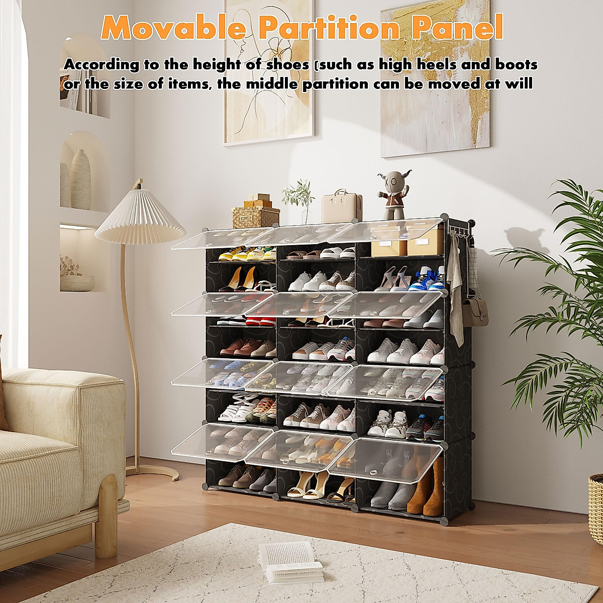 C&AHOME Shoe Rack, 48-Pair 18"x14" Widened Portable Shoe Organizer, 8-Tier Plastic Freestanding Shoe Storage Cabinet, DIY Shoe Shelves with Visualization Doors, 54.6" L × 14.2" W × 56.8" H Black