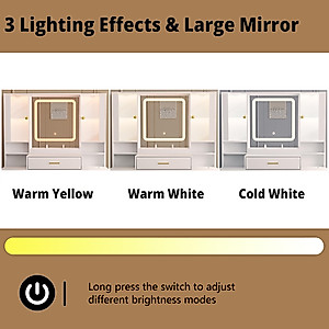 BORNOON Makeup Vanity with LED Light Strip Mirror and Chair, 7 Drawers & 2 RGB Cabinets White Vanity Makeup Desk with Power Strip, Adjustable LED Lighting, and Cushioned Stool for Women, Girls, Teens