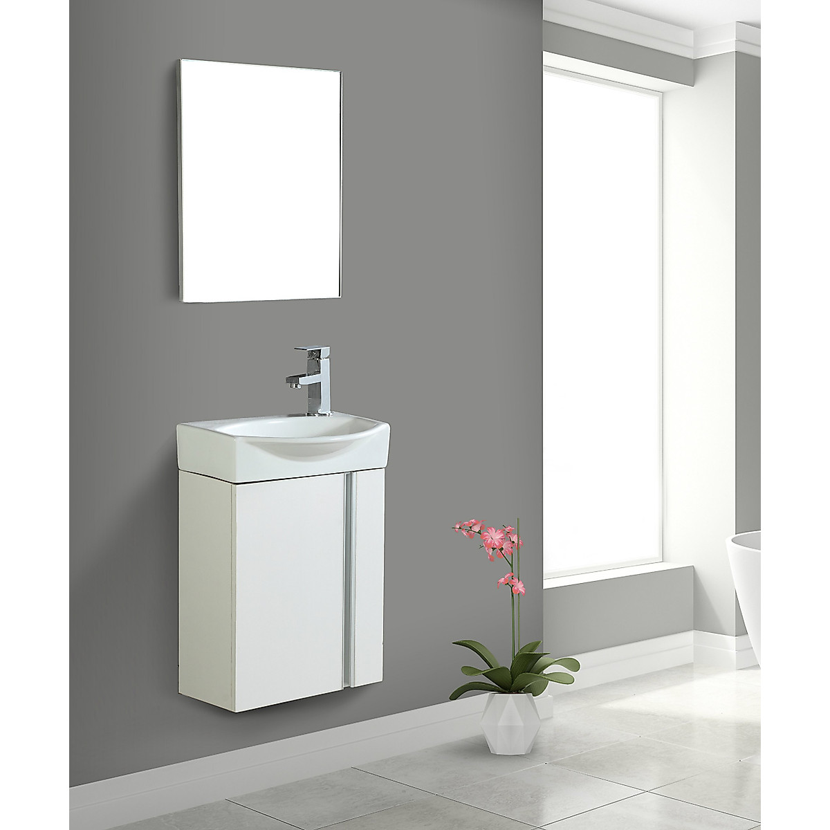 Fine Fixtures Compacto Small Bathroom Vanity Set with Sink -Wall-Mounted Cabinet- Sink top, and Mirror Included (White)