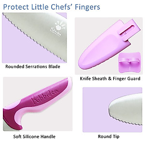 Kids Knife for Real Cooking, Montessori Children's Knife with Firm Grip, Stainless Steel Kids Safety Chef Knife with Finger Guard, Round Tip, Serrated Edges, BPA-Free (Purple)