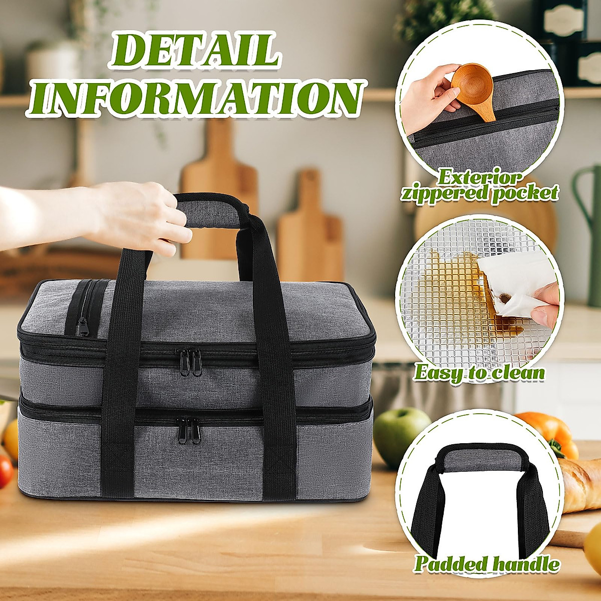 2 Pieces Double Decker Insulated Casserole Carrier Lasagna Holder Tote Food Warmer Bag Expandable Food Transport Containers Fits 9 x 13 Inches Baking Dish for Potluck Parties Picnic Trip Camping, Grey