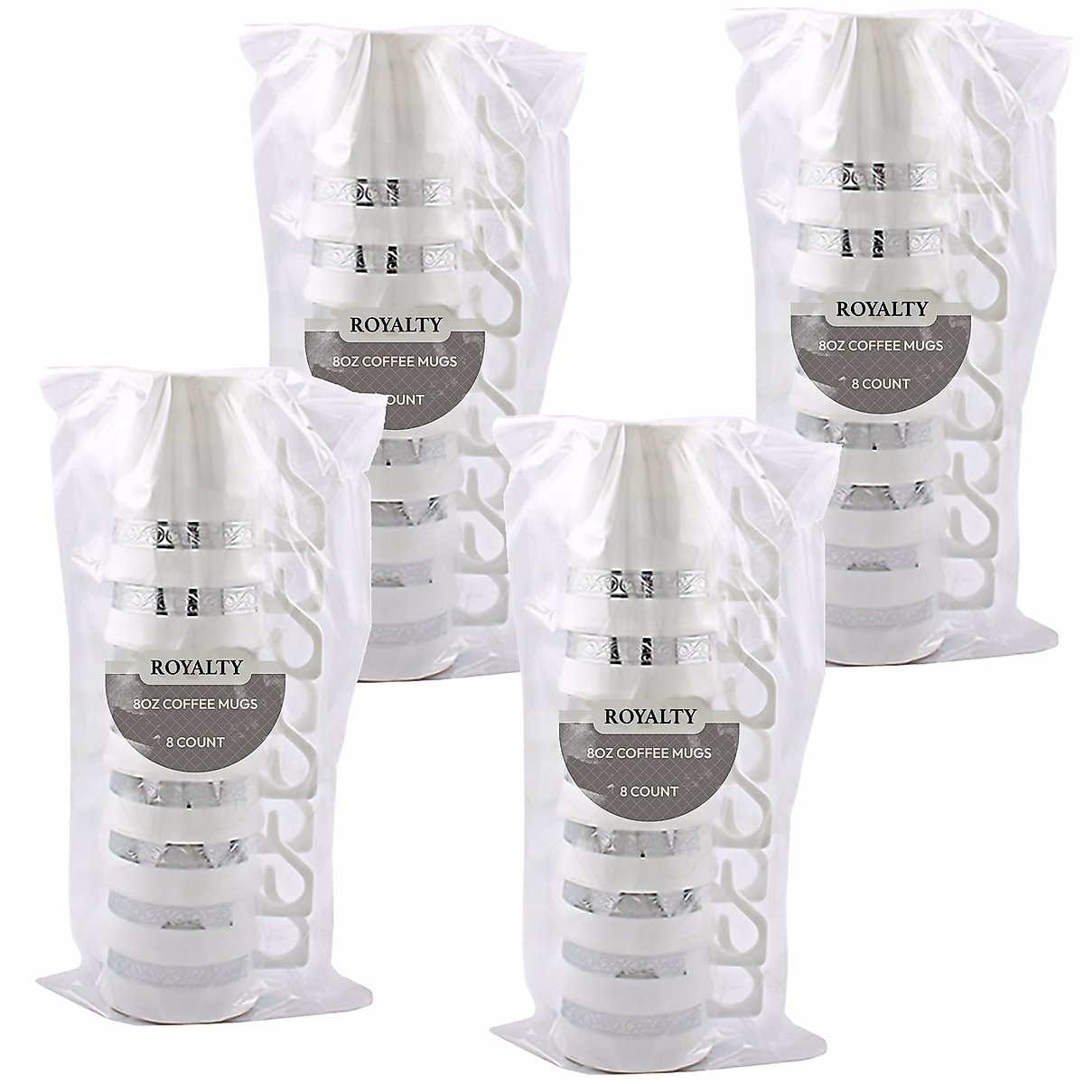 PARTY BARGAINS 8 oz Royalty White Silver Rimmed Plastic Coffee Cups with Handles - [32 Pack] Disposable Plastic White Tea Cups, for Weddings, Bridal Showers, Engagement Parties, Camping