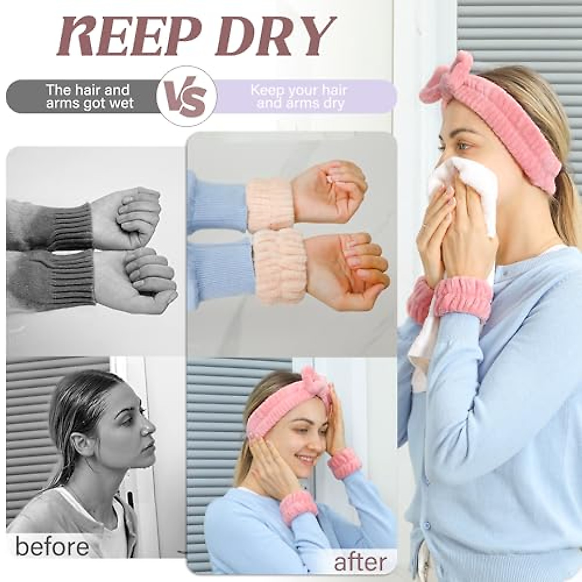 Crosize Face Wash Headband and Wristband Set for Women, 7 Pack, Pink, White, Brown, Microfiber, Ideal for Makeup, Face Wash, Doing a Mask, Exercise, Showering
