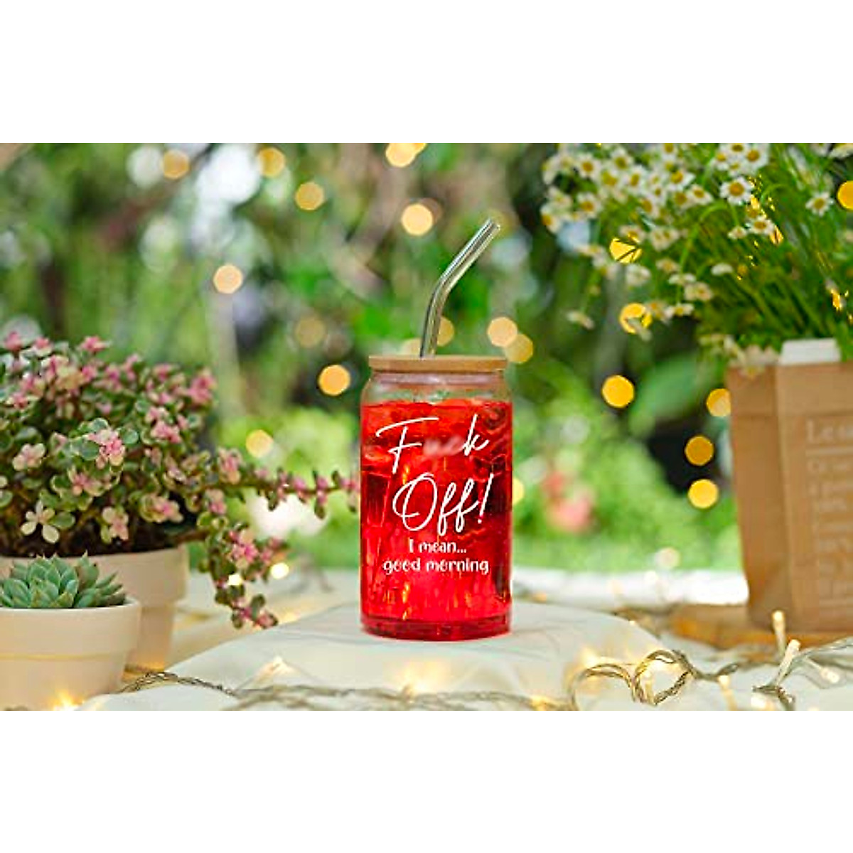 NewEleven Glass Cups With Bamboo Lids and Straws For Coffee, Boha Tea, Smoothie, Cocktail - Iced Coffee Cup, Smoothie Cup, Reusable Boba Cup - 16 Oz Coffee Glass…