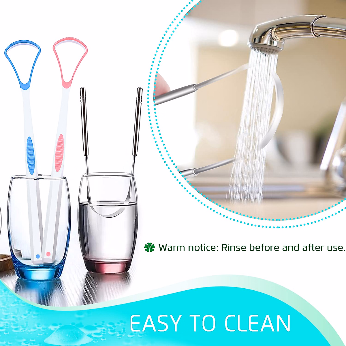 4pcs Tongue Scraper, Tongue Cleaners (1 pcs Stainless Steel, Red Blue Green silicone tounge scrappers), Reduce Bad Breath (Medical Grade), 100% BPA Free Metal Tongue Scrapers Fresh Breath fastly