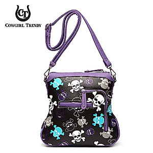 Sugar Skull Day of the Dead Cross Bone Rock Metallic Purse Skeleton Leather Purse Women Crossbody Handbag Shoulder Bag (Purple)