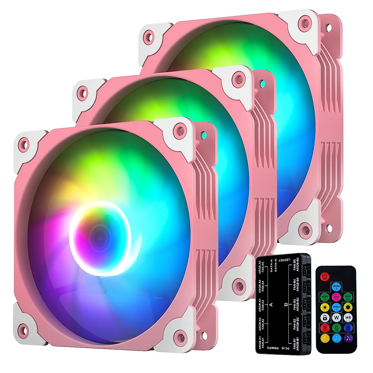 Vetroo 3-Pack Computer Case Fan 120mm Address RGB & PWM Cooling Fans High Performance with Controller Hub - Pink