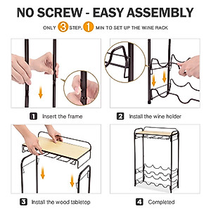 TOOLF 8 Bottle Wine Rack Freestanding Floor, Metal Wine Storage Shelf with Glasses Holder & Table Top, 4 Tier Wine Display Organiser, for Home Decor, Cellar, Bar, Countertop, Cabinet