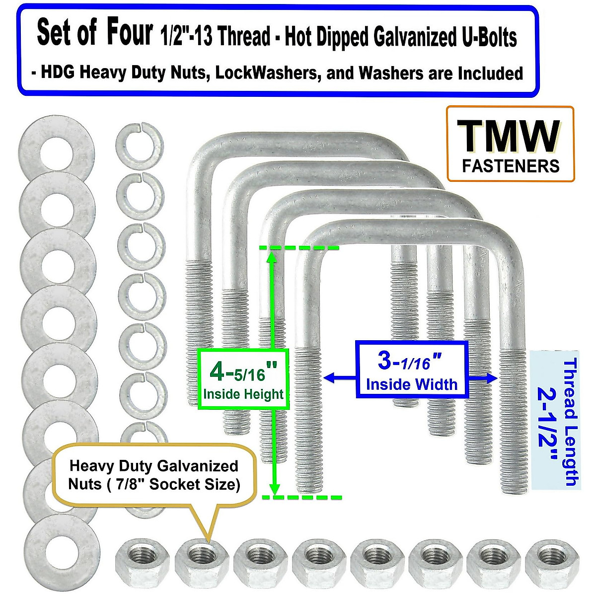 TMW (4) Hot Dipped Galv Square 1/2" Dia. U-Bolts x 3-1/16" Inside Width x 4-5/16" Inside Height & HD Washers, Lock Washers & Nuts for Boat & Utility Trailers Fits Down Over 3" Wide Metal