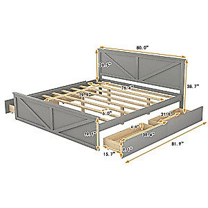 LCH King Size Platform Bed, Wooden Platform Bed Frame with 4 Storage Drawers and Support Legs, No Box Spring Needed, Grey