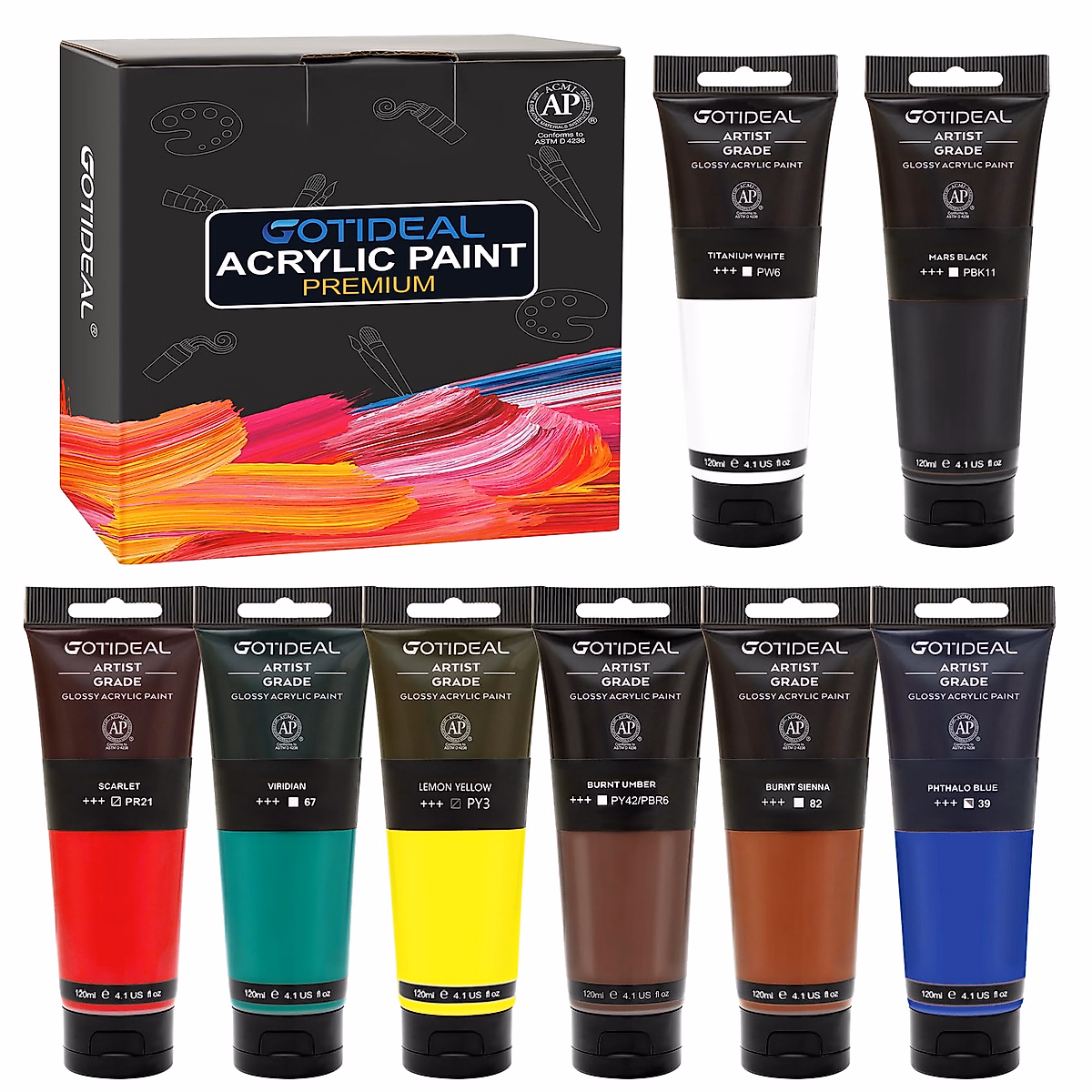 GOTIDEAL Craft Acrylic Paint Set,8 Primary Colors（(120ml,4 oz) Rich Pigments Non-Toxic Washable, Professional Paint for Pouring on Canvas, Rocks, Ceramic, Fabric, Leather, Ideal for Artist, Adults