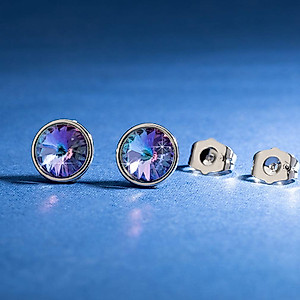 Round Austrian Crystal Stud Earrings for Women Fashion 925 Sterling Silver Hypoallergenic Jewelry (Vitrail Light)