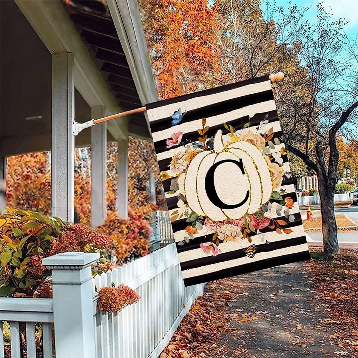 ORTIGIA Monogram Letter C House Flag Fall Pumpkin 28x40 Inch Double Sided Vertical Thankful Floral Yard Flag for Outside Burlap Family Last Name Initial Yard Seasonal Holiday Outdoor Decoration