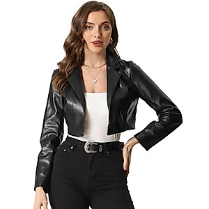 Allegra K Cropped Leather Jacket for Women's PU Casual Moto Jackets X-Large Black