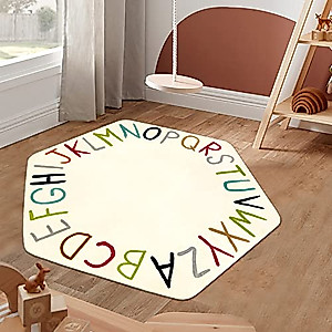 STARUIA Colorful ABC Kids Rug Play Mat for Playroom, 55"x47" Hexagon Washable Nursery Rug for Boys Girls Bedroom, Non-Slip Educational Rainbow Carpet for Classroom Reading Room