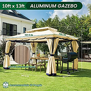 MEWAY Patio Gazebo 10x13 Gazebo with Mosquito Netting Aluminum Outdoor Gazebo Canopy with Curtains for Backyard Lawn Garden Deck, Beige Navy