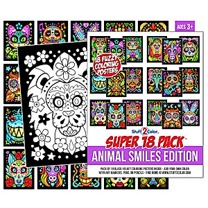 Stuff2Color Super Pack of 18 Fuzzy Velvet Coloring Posters (Animal Smiles) - Arts & Crafts for Girls and Boys - Great for After School, Travel, Planes, Group Activities, and Coloring with Friends