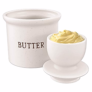 Kook Butter Keeper Dish, French Ceramic Crock with Lid, Embossed Container, For Soft Butter (Oatmeal)