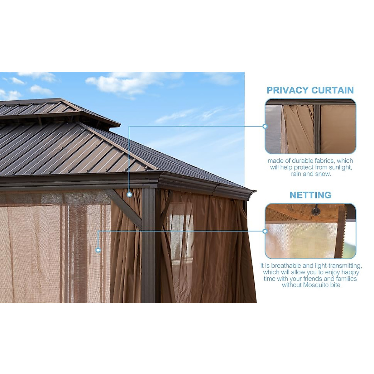 RITSU 12'*12' Gazebo, Permanent Hardtop Outdoor Gazebo, Aluminum Gazebo with Steel Canopy, Removable Mosquito Netting on All Sides, for Patio, Garden, Backyard, Bronze