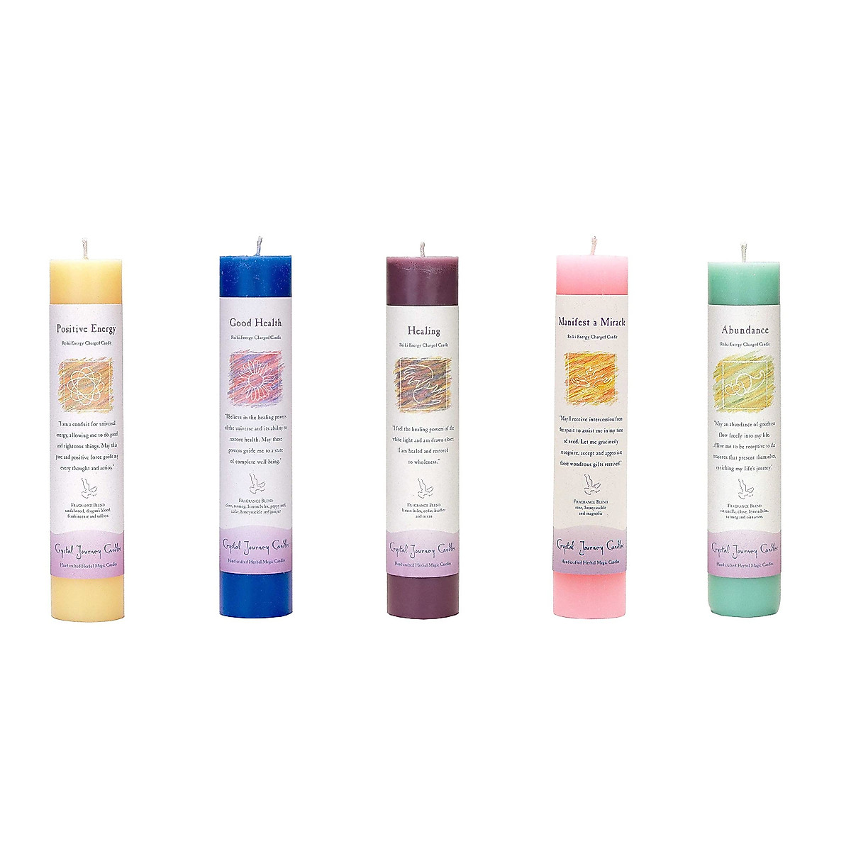 Crystal Journey Reiki Charged Herbal Pillar Candle with Inspirational Labels - Set of 5 (Positive Energy, Good Health, Healing, Manifest a Miracle, Abundance) Each 7"x1.5" Handcrafted