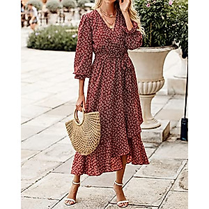 BTFBM Women Long Sleeve Wrap Maxi Dress V Neck Boho Floral High Waist Flowy Ruffle 2023 Summer Fall Dresses with Belt(Floral Wine Red White, XX-Large)