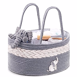 Cradle Star Diaper Caddy Organizer – Portable Baby Basket Diaper Storage Organizer with Compartments – Baby Diaper Caddy for Changing Table Nursery, Elephant Baby Shower Gifts - 100% Cotton Rope, Gray