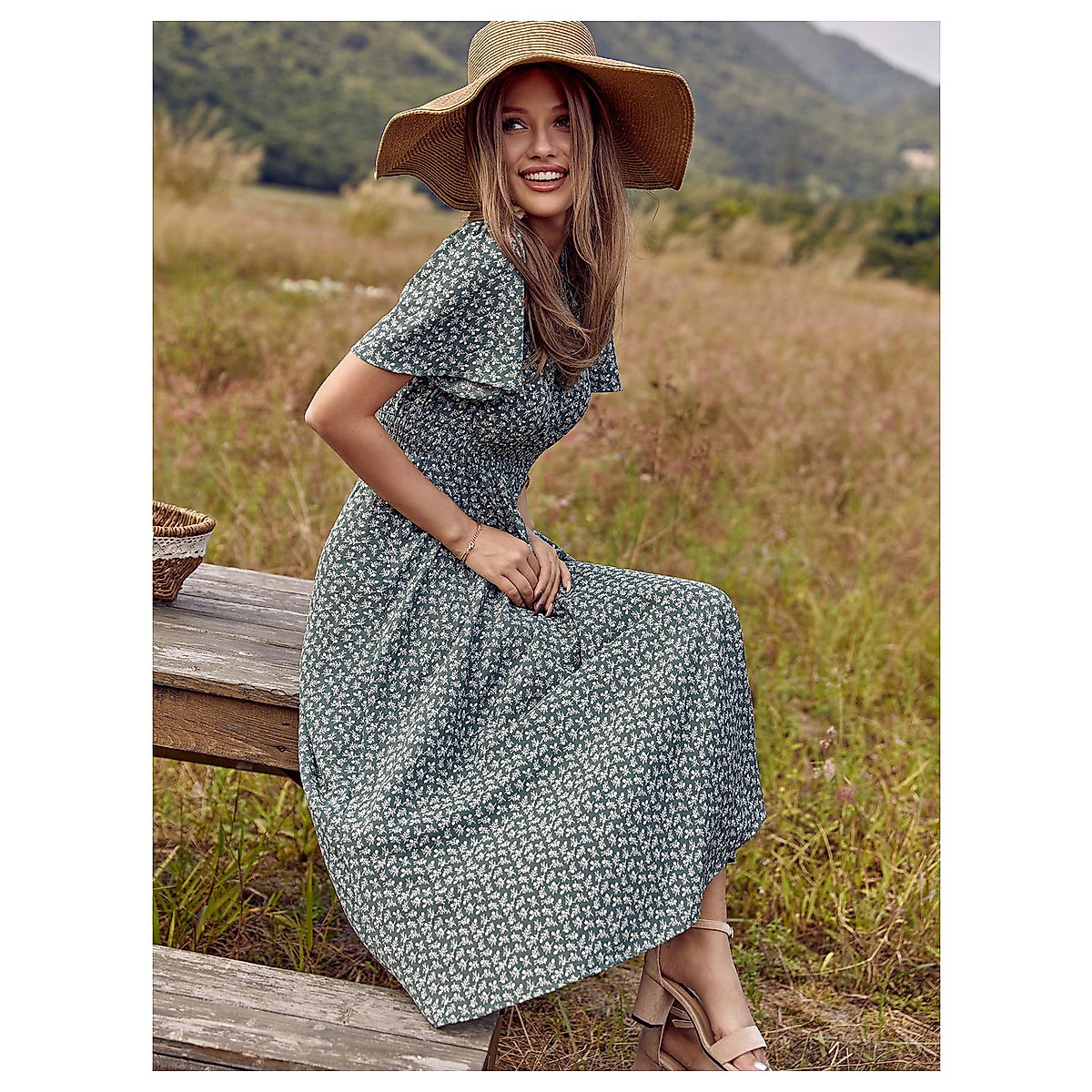 Floerns Women's Casual Floral Print Crewneck Short Sleeve A Line Boho Maxi Dress Green Multi L