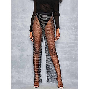 Lorealri Mesh Fishnet Pants Black Rhinestone Leggings Sparkly Crystal Cover Up Hollow Out See Through Bottoms Bikini,47.2in/120cm