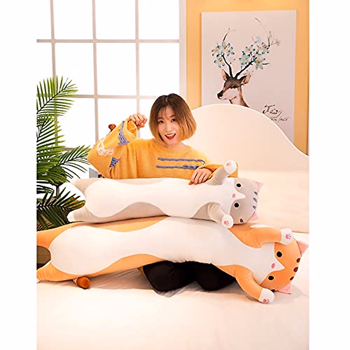 Plush Pillow, Cat Long Throw Sleeping Pillow Cute Cartoon Cat Shaped Plush Toy Sleeping Long Throw Pillow Home Office Study
