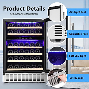 Antarctic Star 24" Wine Cooler Beverage Refrigerator,Under Counter Beer Mini Fridge Built-in Freestanding Stainless Steel Dual-Layer Digital Temperature Control Glass Door