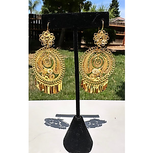 Folklorico Dance Traditional Mexican Gold Filigree Earrings, Flower, Medium, Gold, Day of the Dead, Mexican Earrings