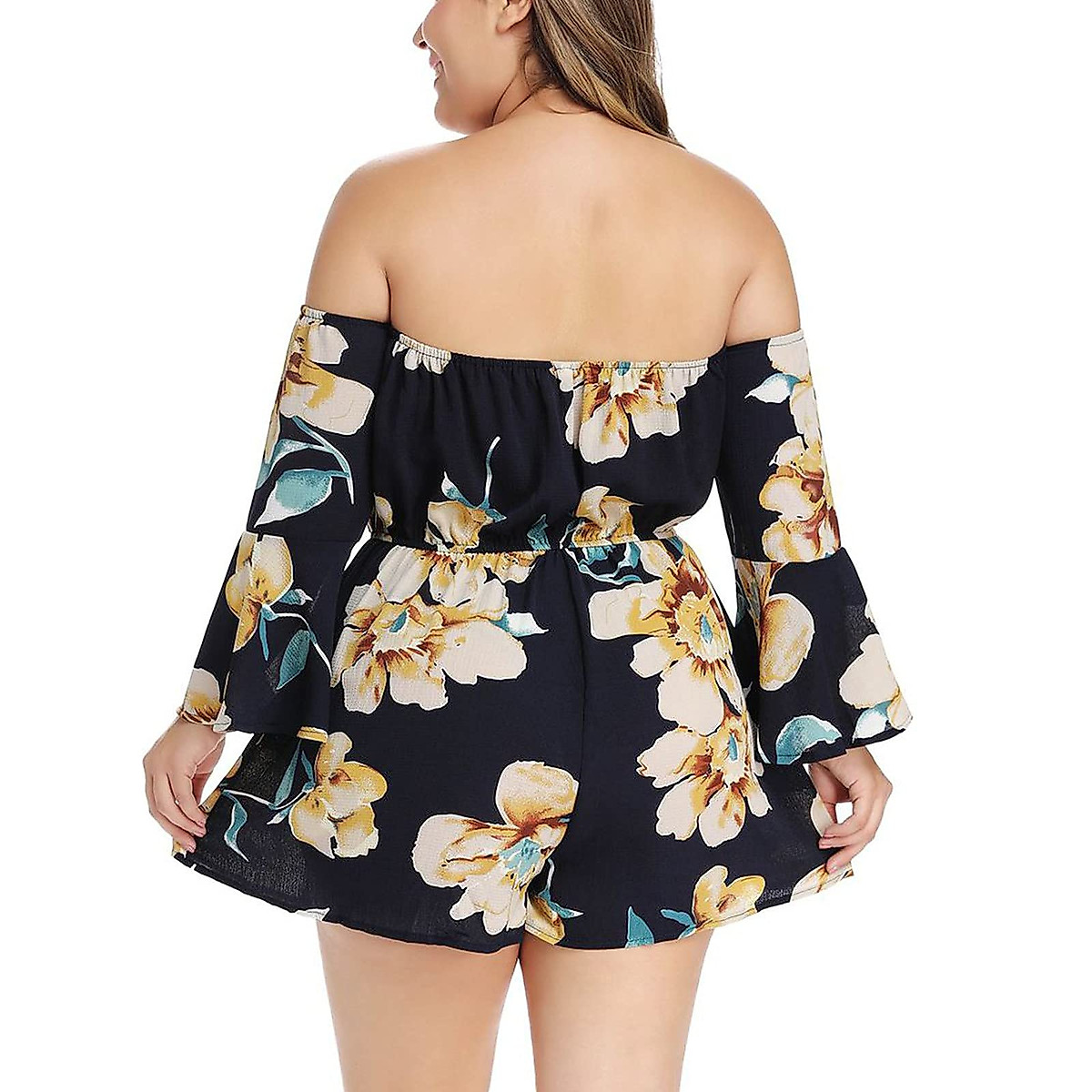 Bravetoshop Women's Plus Size Rompers Boho Off Shoulder Bell Sleeve Summer Floral Print Strapless Shorts Jumpsuit (Black,XXL)