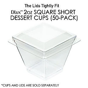 DLux Mini Dessert Cups Reusable Lids, Appetizer Bowls with Spoons [Clear Plastic, 2 oz, Square Short, 50 Count] Small Catering Supplies, Parfait Tasting Shooters Tumbler Glass Lids