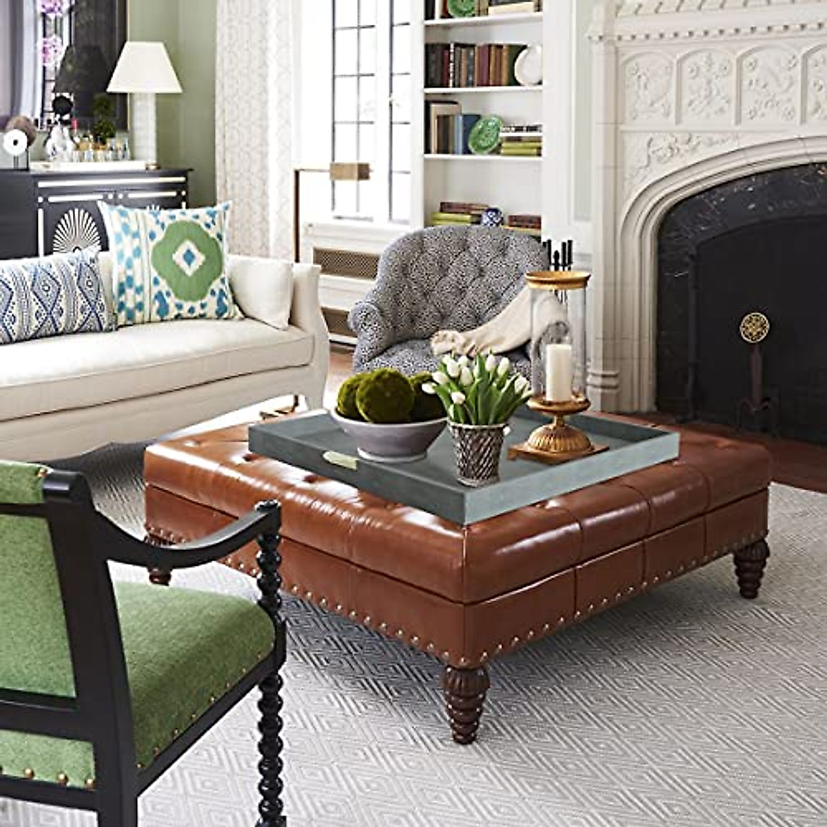 HofferRuffer Extra Large Square Serving Tray, Elegant Faux Leather Ottoman Tray with Gold Hardware Handles, Serve Tea, Coffee or Breakfast in Bed, 23.6 x 23.6 inches (Large Square)