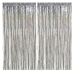 AIBIIN 2pcs 3.3x6.6ft Silver Tinsel Curtain Backdrop Silver Foil Fringe Curtain Backdrop Tinsel Streamers Party Decorations for Birthday Wedding Engagement Bridal Shower Baby Shower Bachelorette